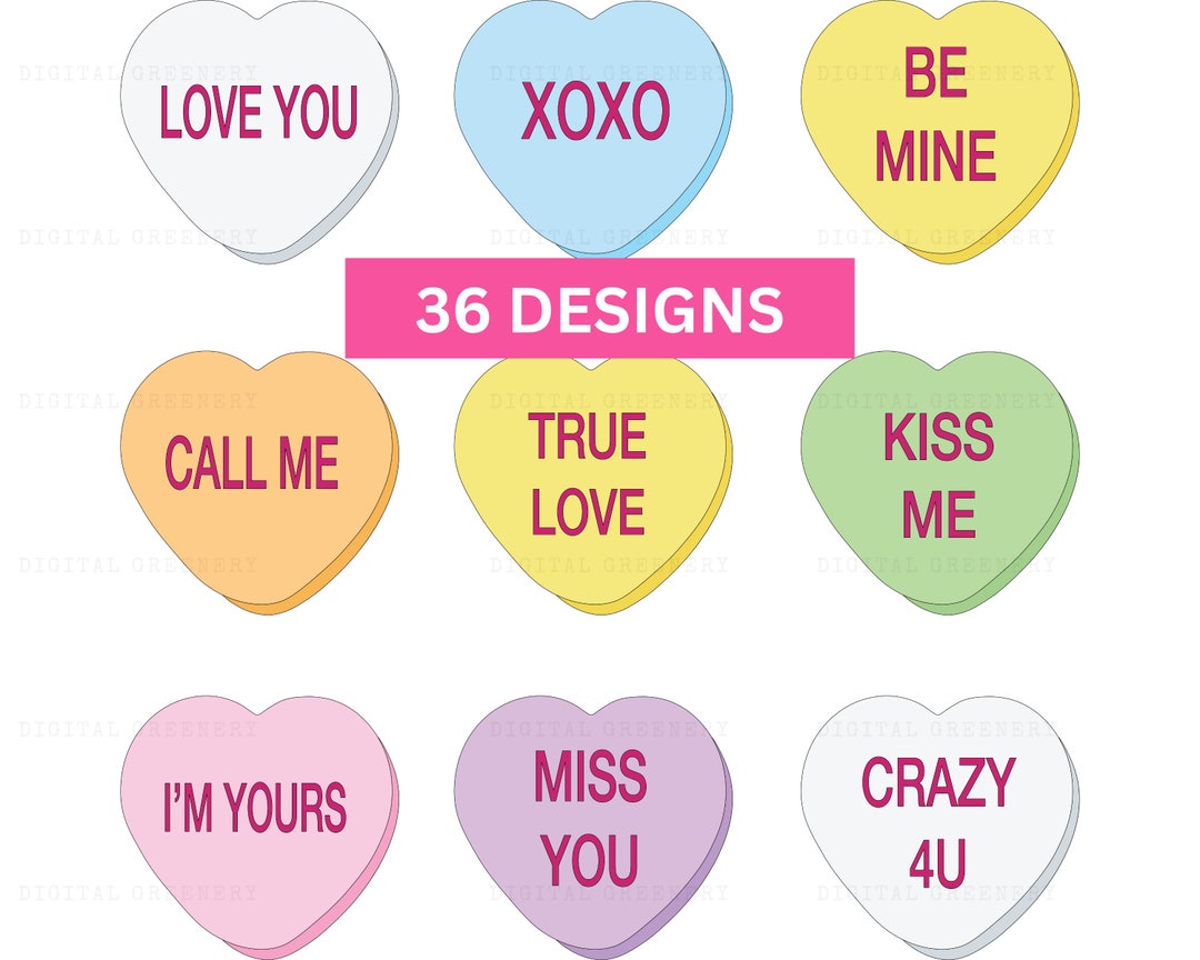 Candy Hearts SVG Cut Files, Set of 36, Valentine's Day Sweethearts SVG ...