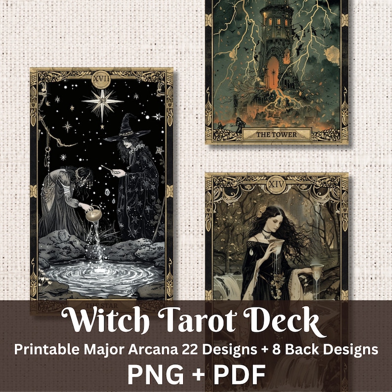Witch Tarot Card Printable Dark Fantasy Design | Digital Cards Deck ...