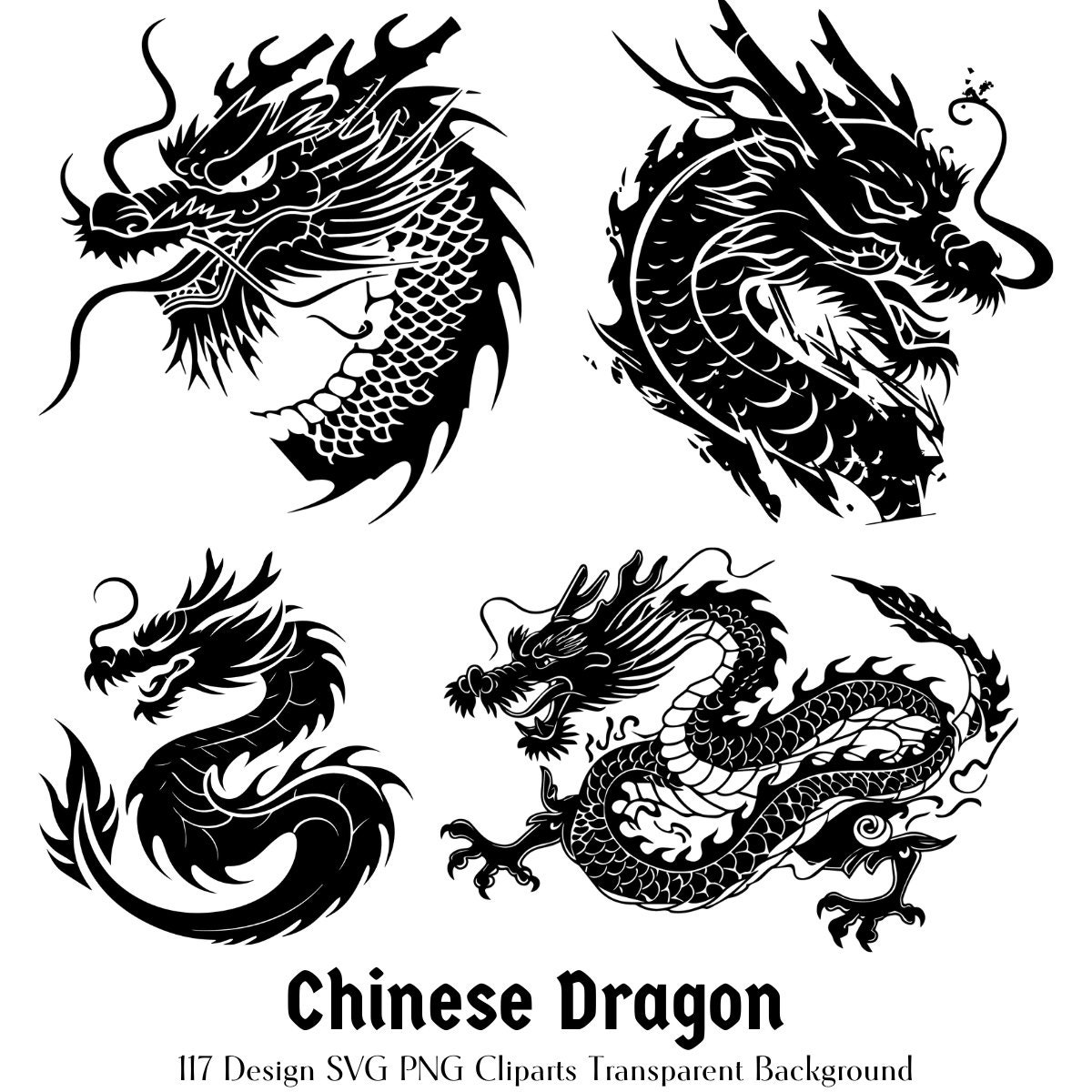 Chinese Dragon Clipart Set Black and White Tattoo Designs T Shirt ...