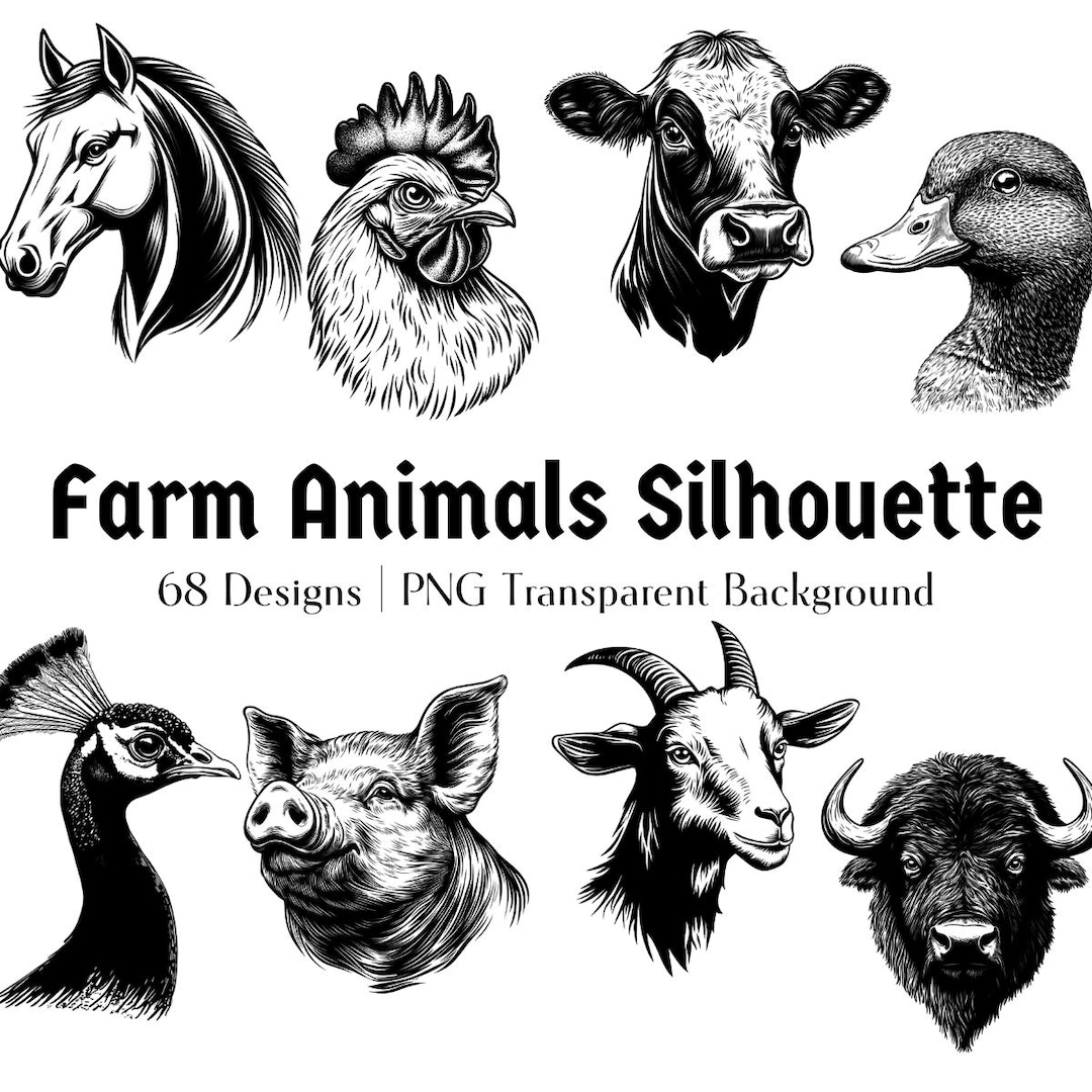 78 Farm Animals Head Silhouette PNG Mega Pack | Horse Chicken Cow Duck ...