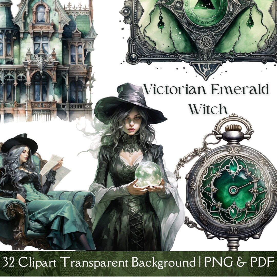 Victorian Emerald Witch Clipart Pack Junk Journal Ephemera - Etsy
