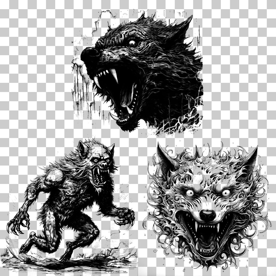 Werewolf Clipart Set Black and White Tattoo Designs T Shirt Designs ...