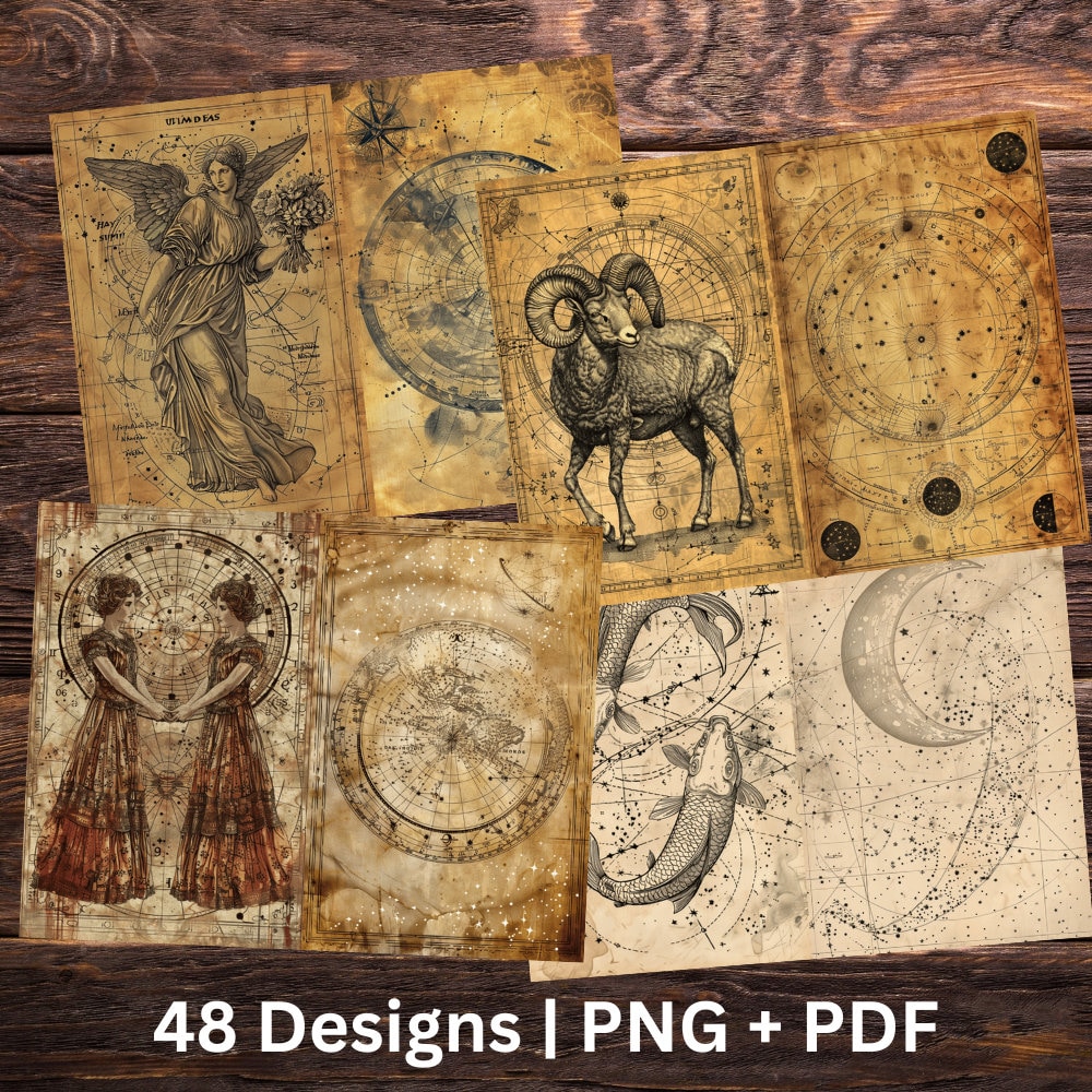 Zodiac Astrology Vintage Junk Journal Pages Scrapbook Ephemera Star ...