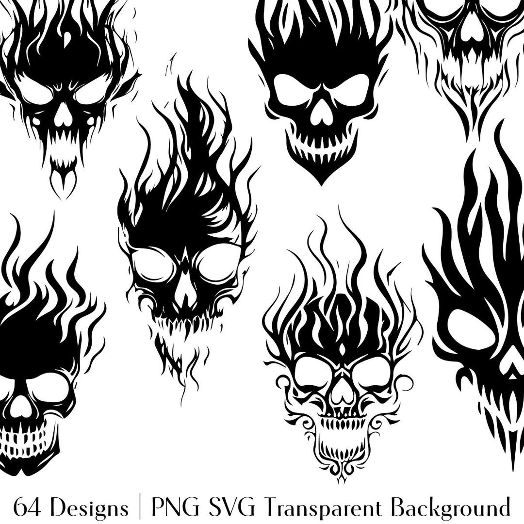 Flaming Skull SVG PNG Pack | Ethereal Skulls Laser Cut Files | Black ...