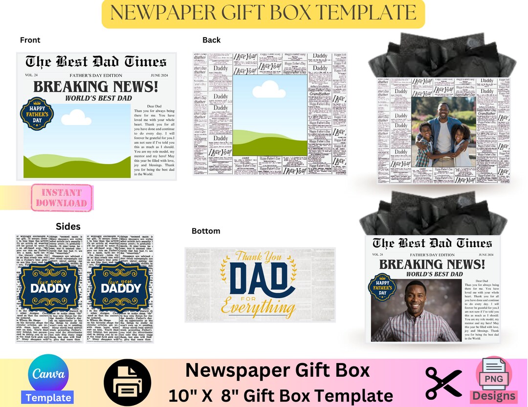 Father's Day Newspaper Template, Personalized Gift Box, Canva Template ...