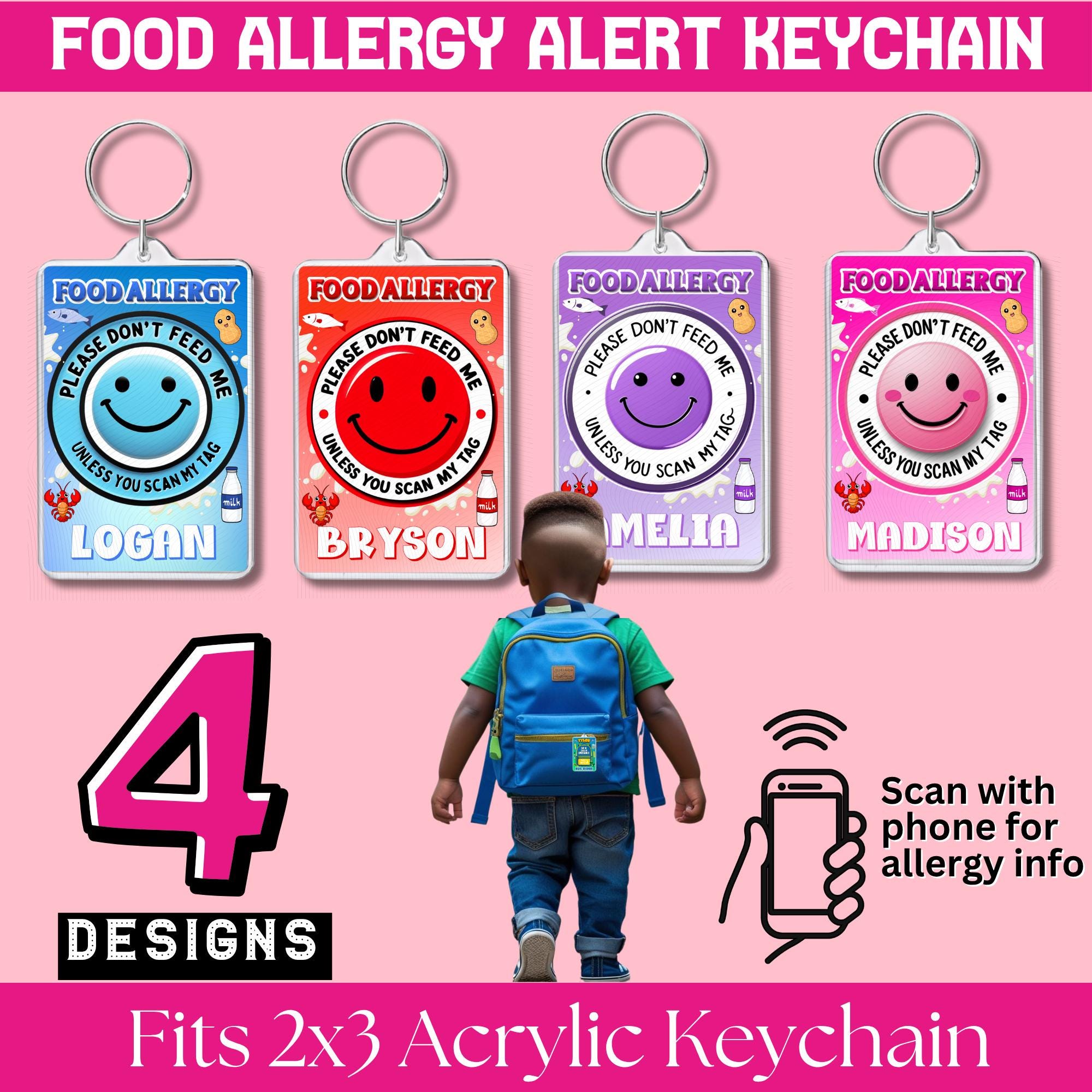 Food Allergy Alert Backpack Template, NFC Keychain, Backpack Keychain ...