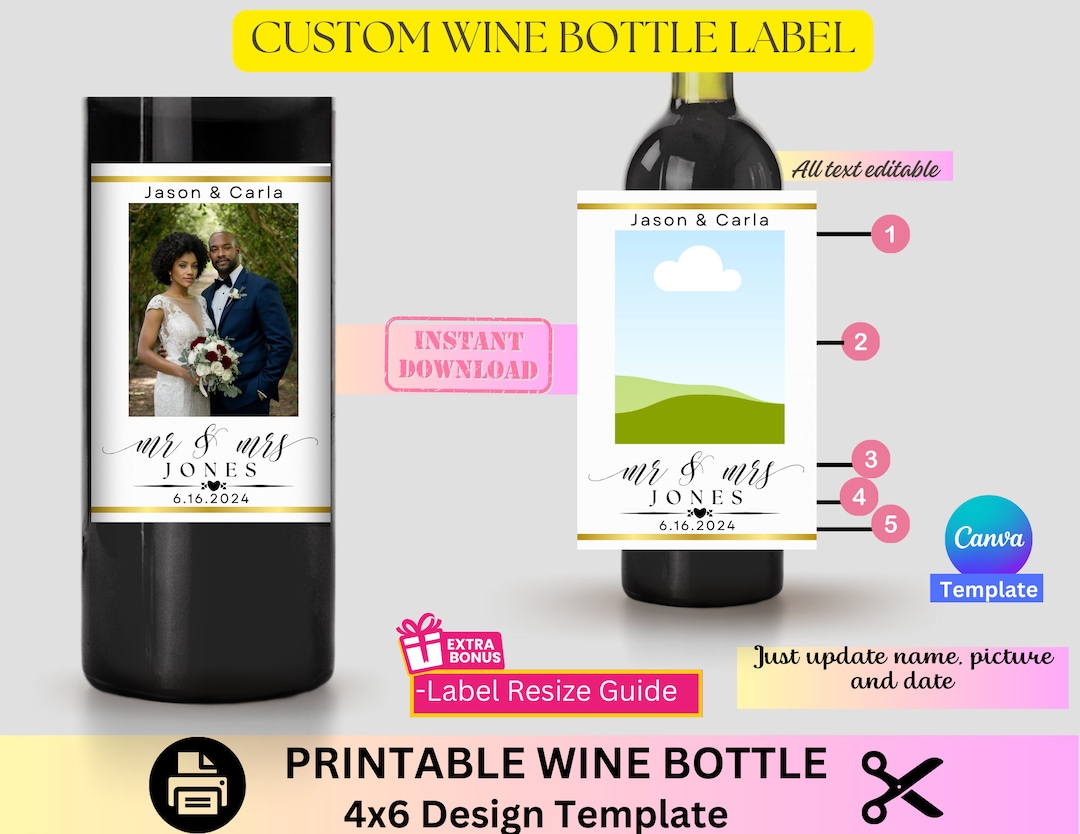 Personalized Wine Bottle Label Template, Custom Wine Label, Wedding ...