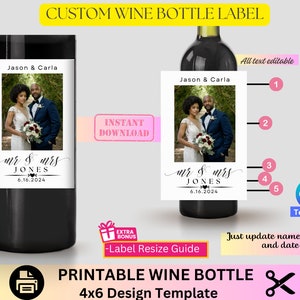 Personalized Wine Bottle Label Template, Custom Wine Label, Wedding Wine Label, Birthday Bottle ...