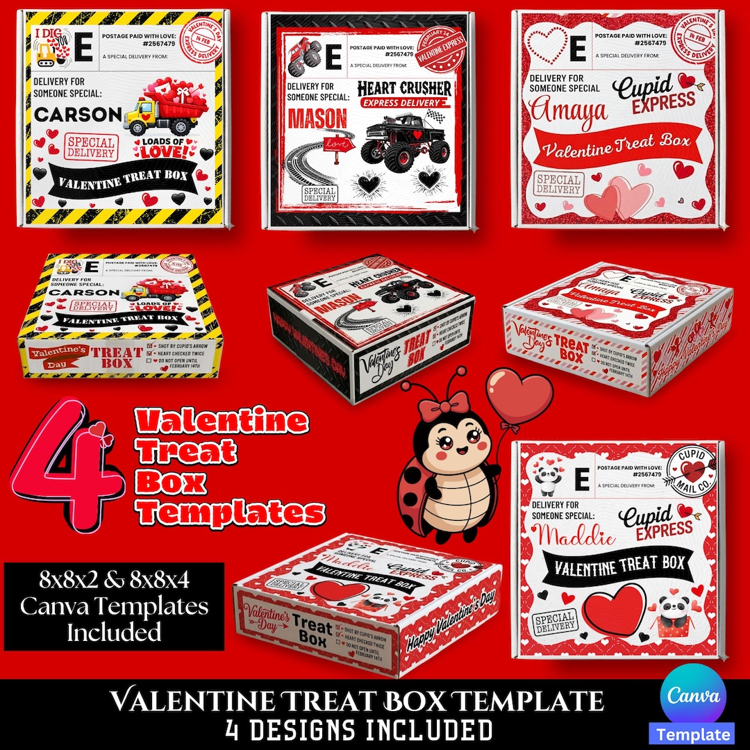 Valentine Treat Box Template, Printable Treat Box Labels, Kids, Canva ...