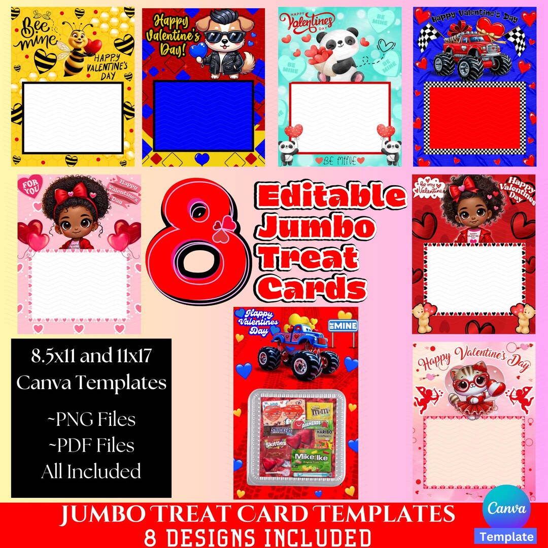 Jumbo Valentine Treat Card Templates, Printable Treat, Kids, Canva ...