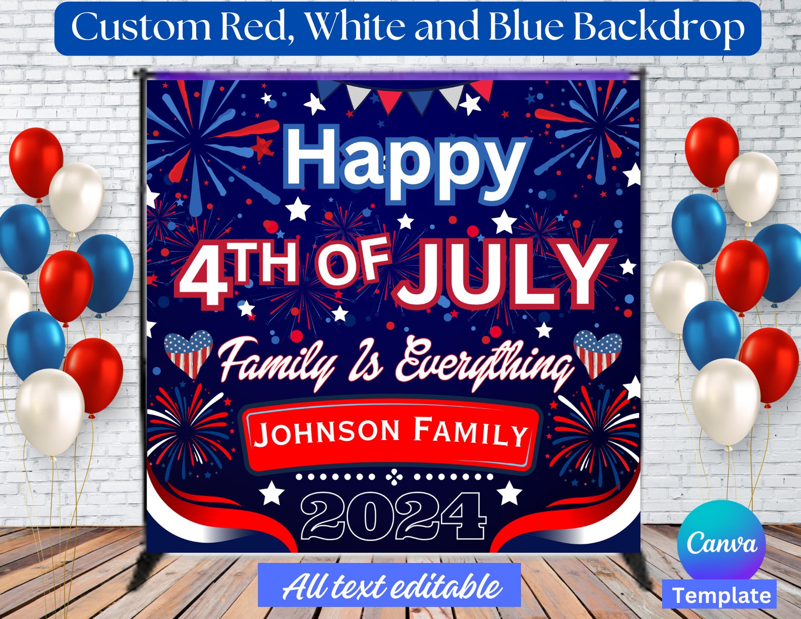 Patriotic Red, White, and Blue Backdrop Template, Editable Text, 4th of ...