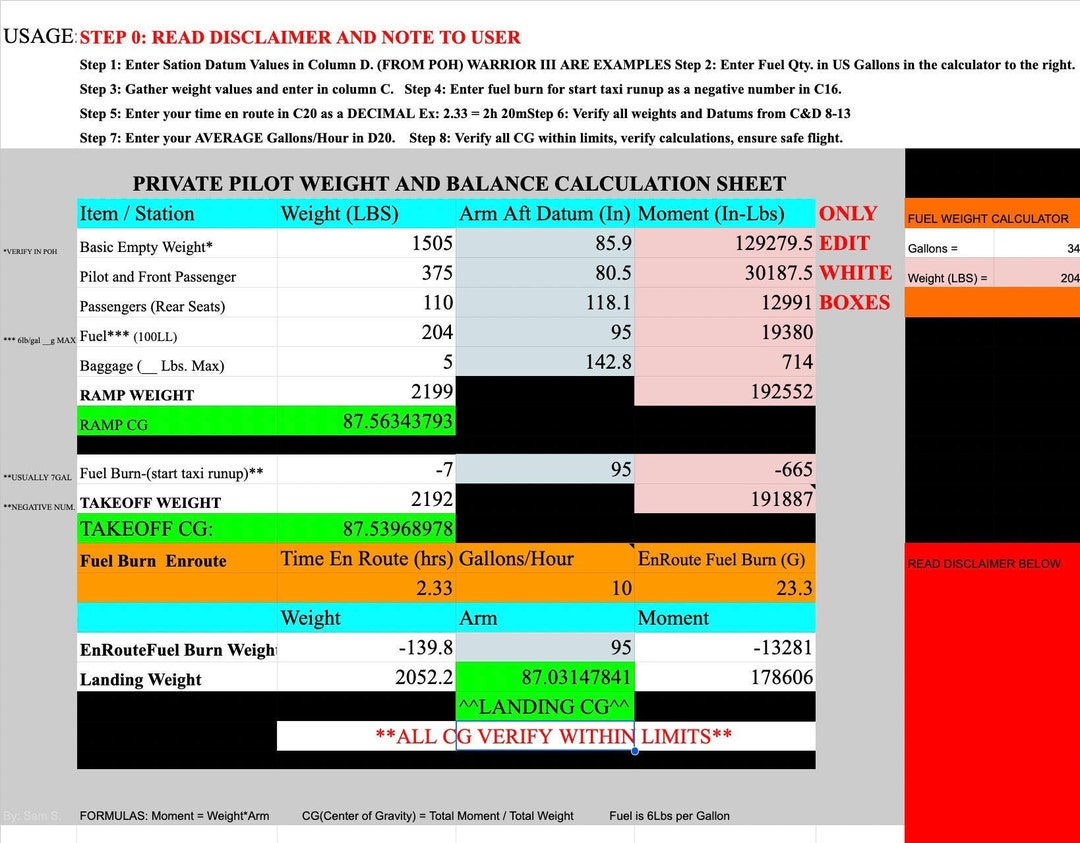 Weight and Balance Calculator - Spreadsheet - Etsy