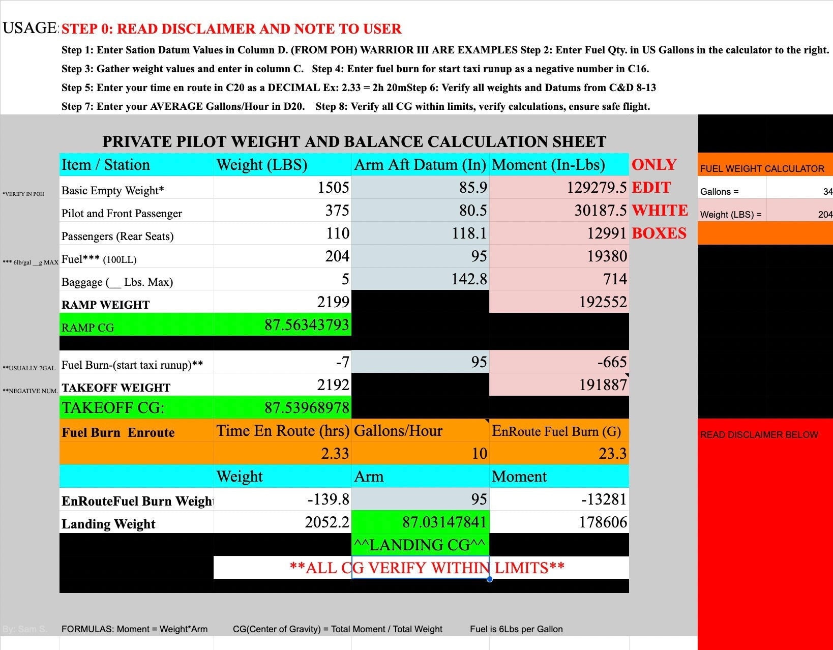Weight and Balance Calculator - Spreadsheet - Etsy