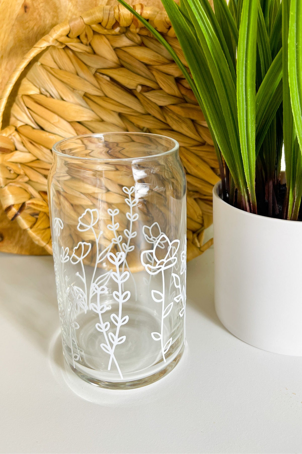 Wild Flower Can Glass Cup, White Boho Flowers, Iced Coffee Can Cup, Can ...