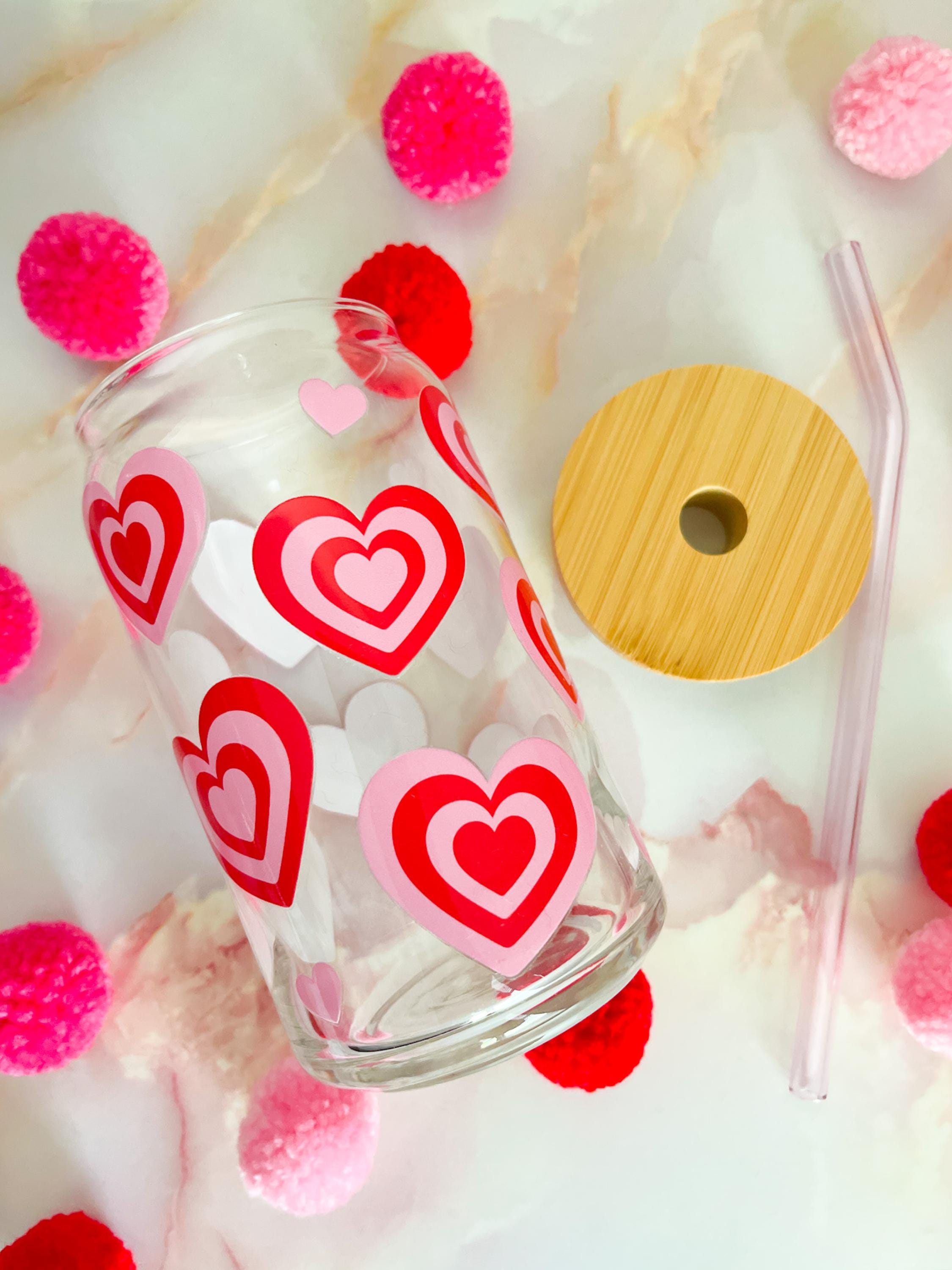 Pink Heart Can Glass Cup Retro Hearts Can Cup Valentines Day Gift ...