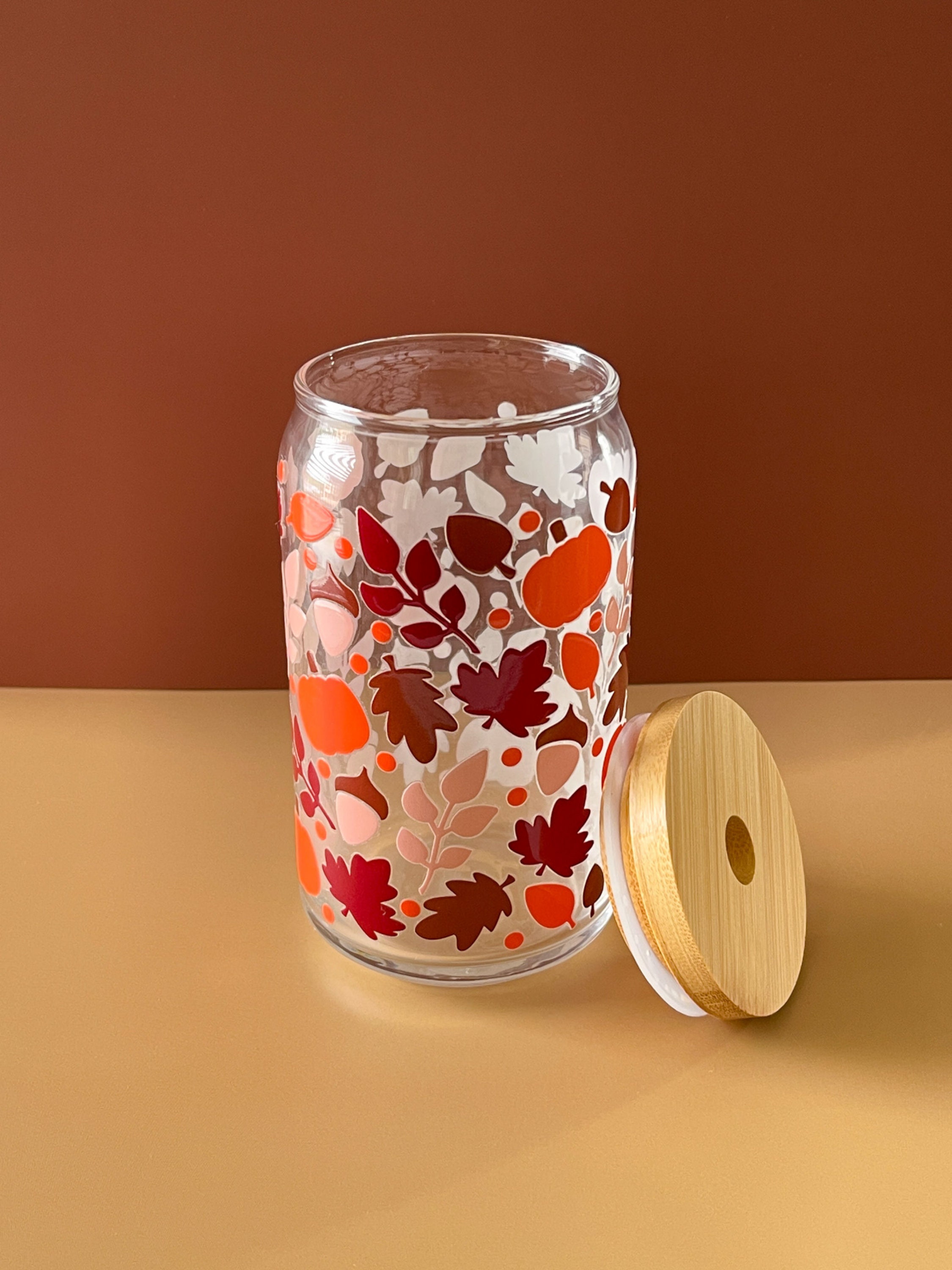 Festive Fall Glass Cup Fall Leaf Pumpkin Can Glass Cup Harvest Theme ...