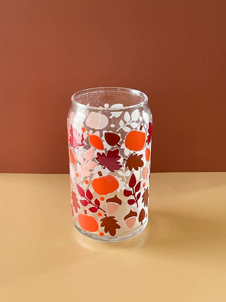 Festive Fall Glass Cup Fall Leaf Pumpkin Can Glass Cup Harvest Theme ...