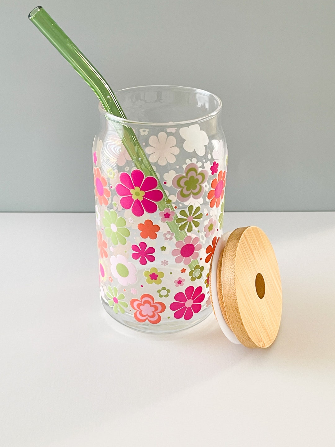 Retro Flower Can Glass Cup Vintage Flower Cup Colorful Glassware Can ...