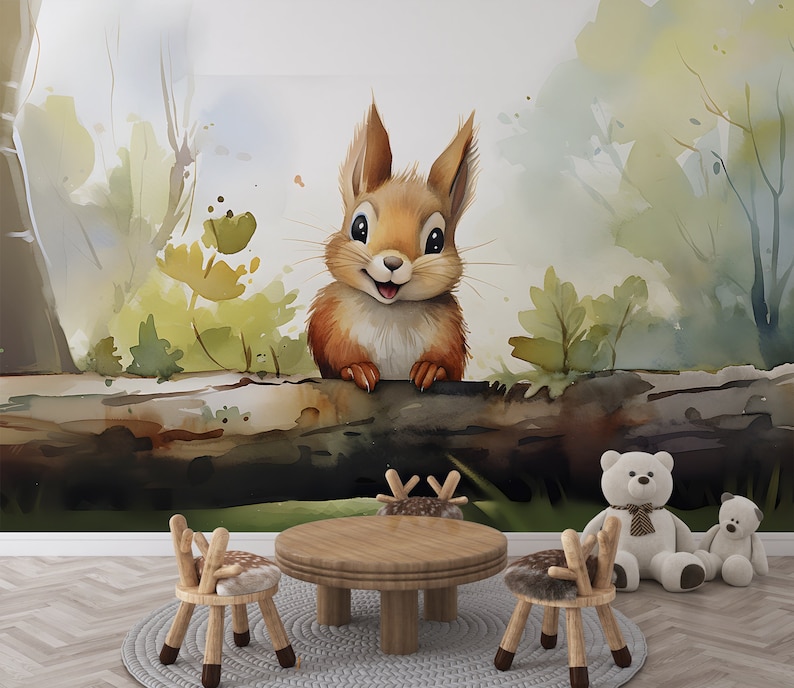 Squirrel Wall Mural Cute Woodland Animal Wallpaper - Etsy