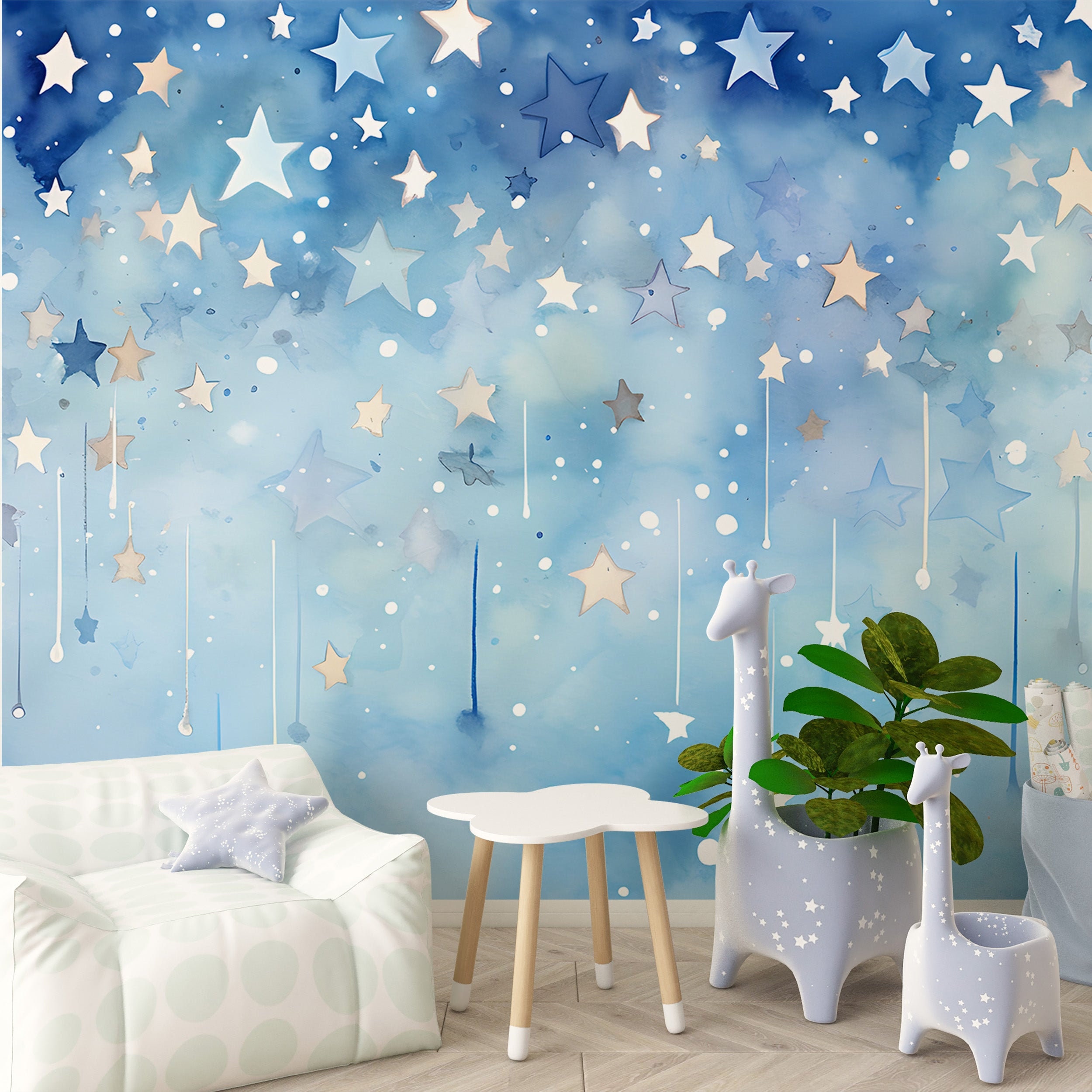 Nursery Stars Mural Blue Watercolor Wall Decal Peel and - Etsy