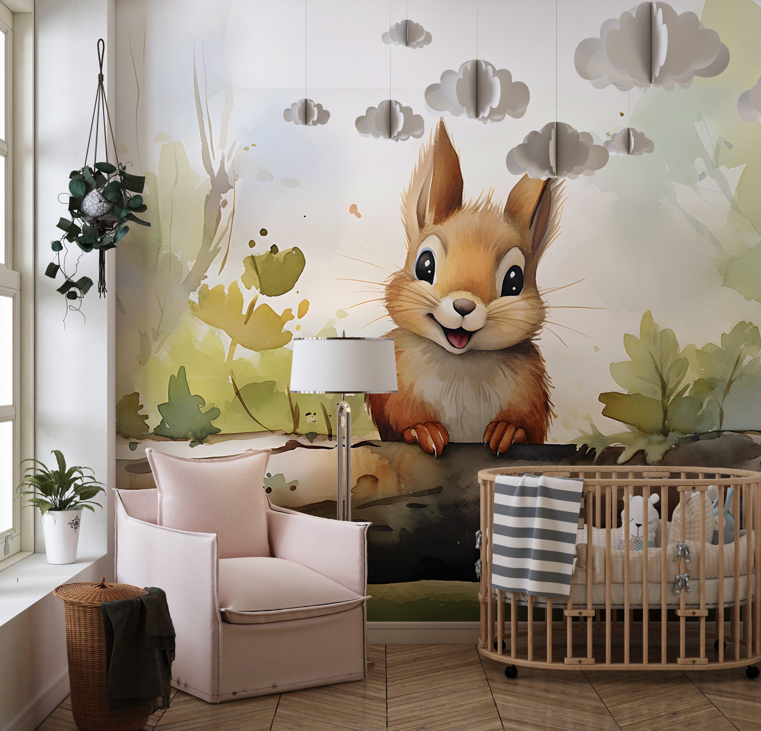Squirrel Wall Mural Cute Woodland Animal Wallpaper - Etsy