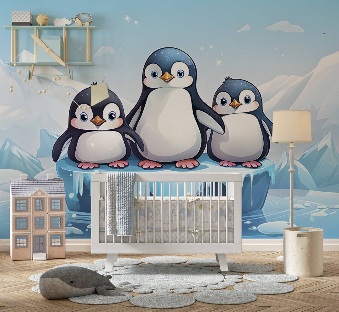 Penguins Wall Mural, Arctic Animals Wallpaper, Watercolor Cute Penguins ...