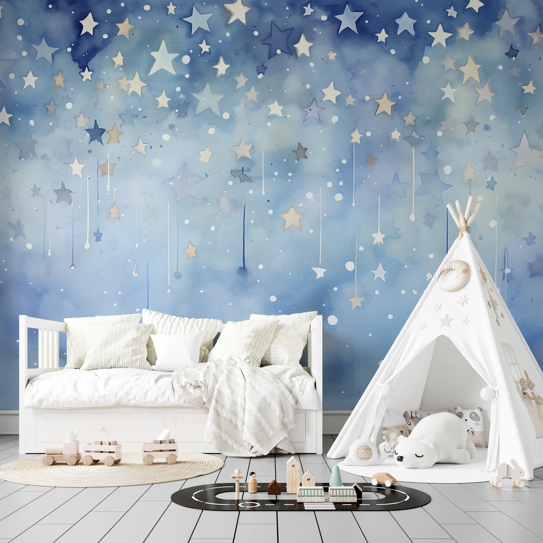 Nursery Stars Mural Blue Watercolor Wall Decal Peel and - Etsy
