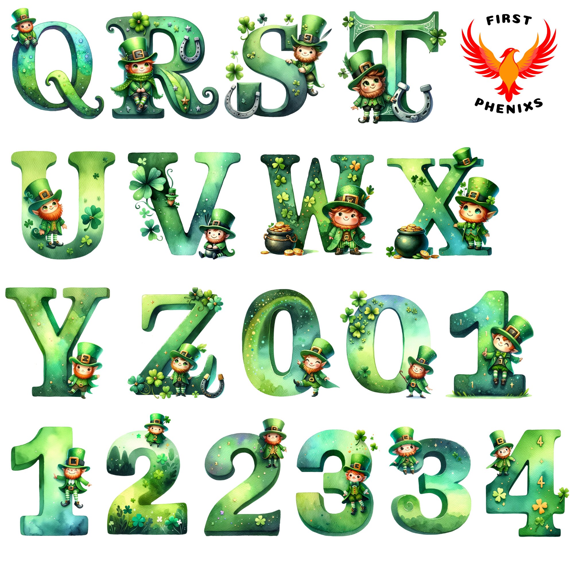 47 Green Watercolor Clipart: Leprechaun Alphabet & Numbers St. Patrick ...