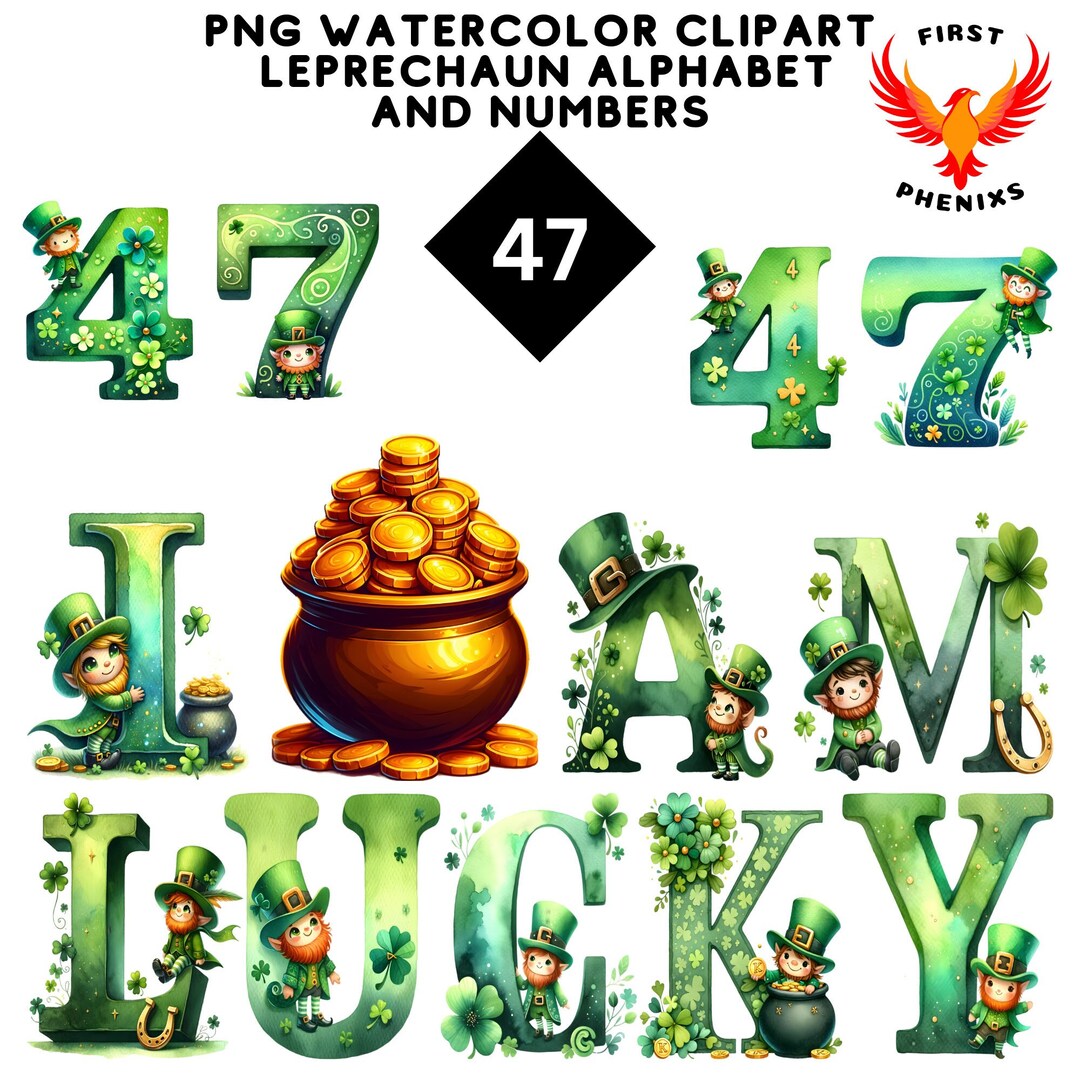 47 Green Watercolor Clipart: Leprechaun Alphabet & Numbers St. Patrick ...