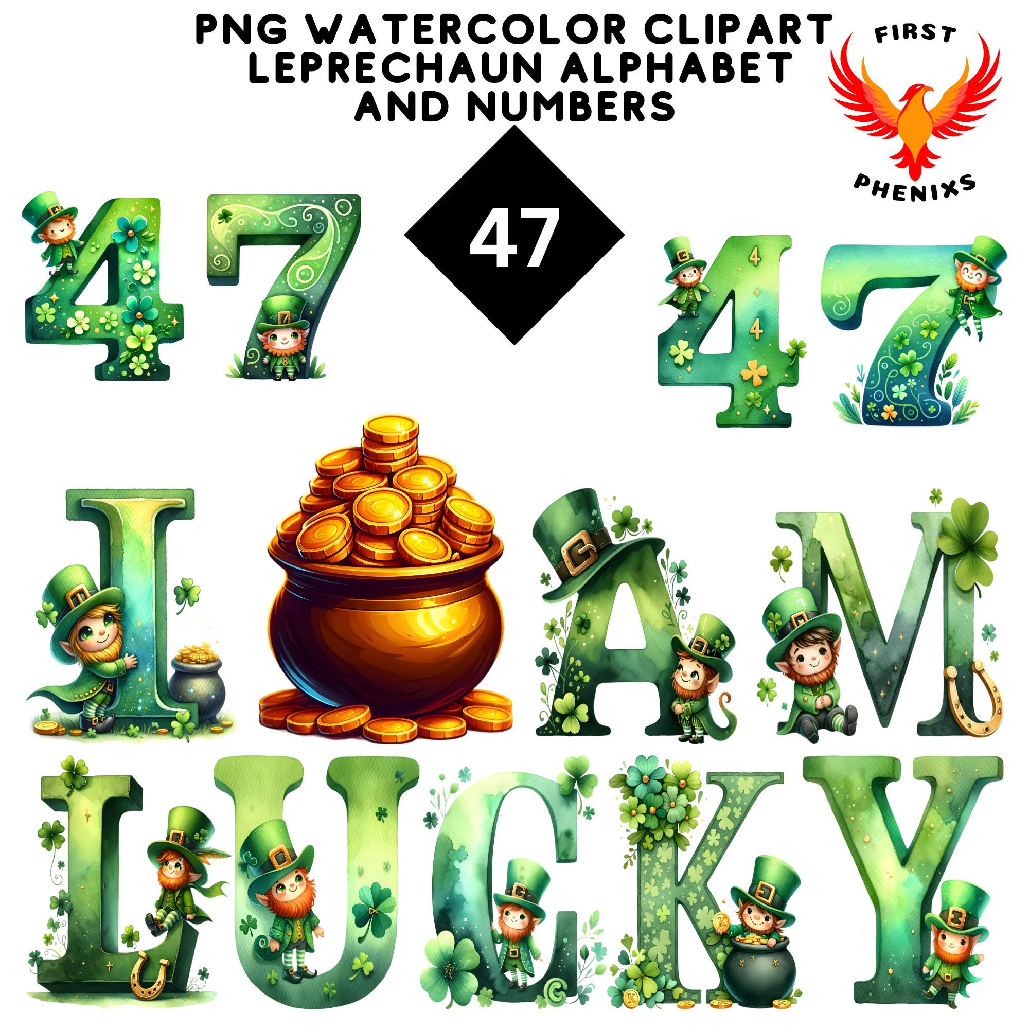 47 Green Watercolor Clipart: Leprechaun Alphabet & Numbers St. Patrick ...