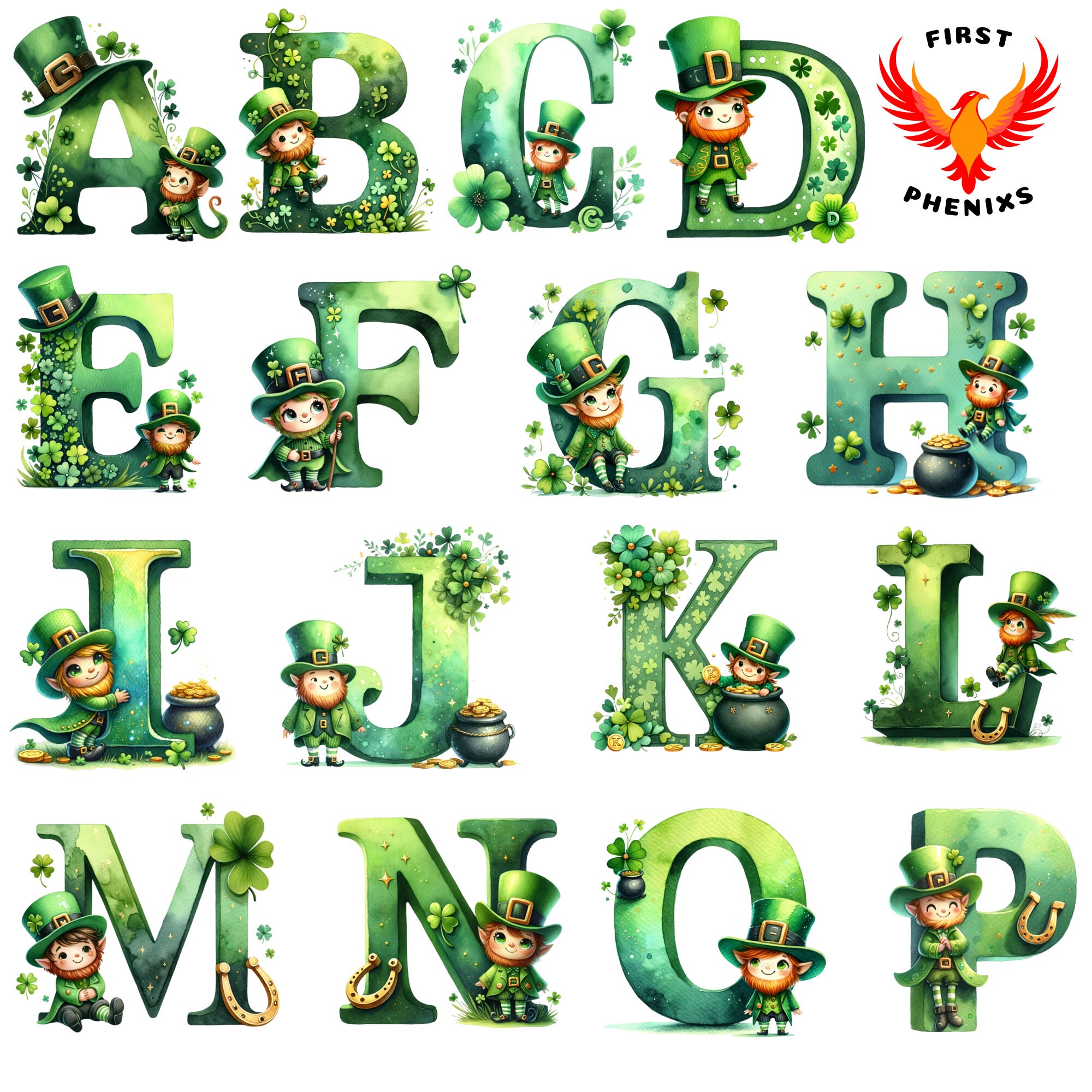 47 Green Watercolor Clipart: Leprechaun Alphabet & Numbers St. Patrick ...
