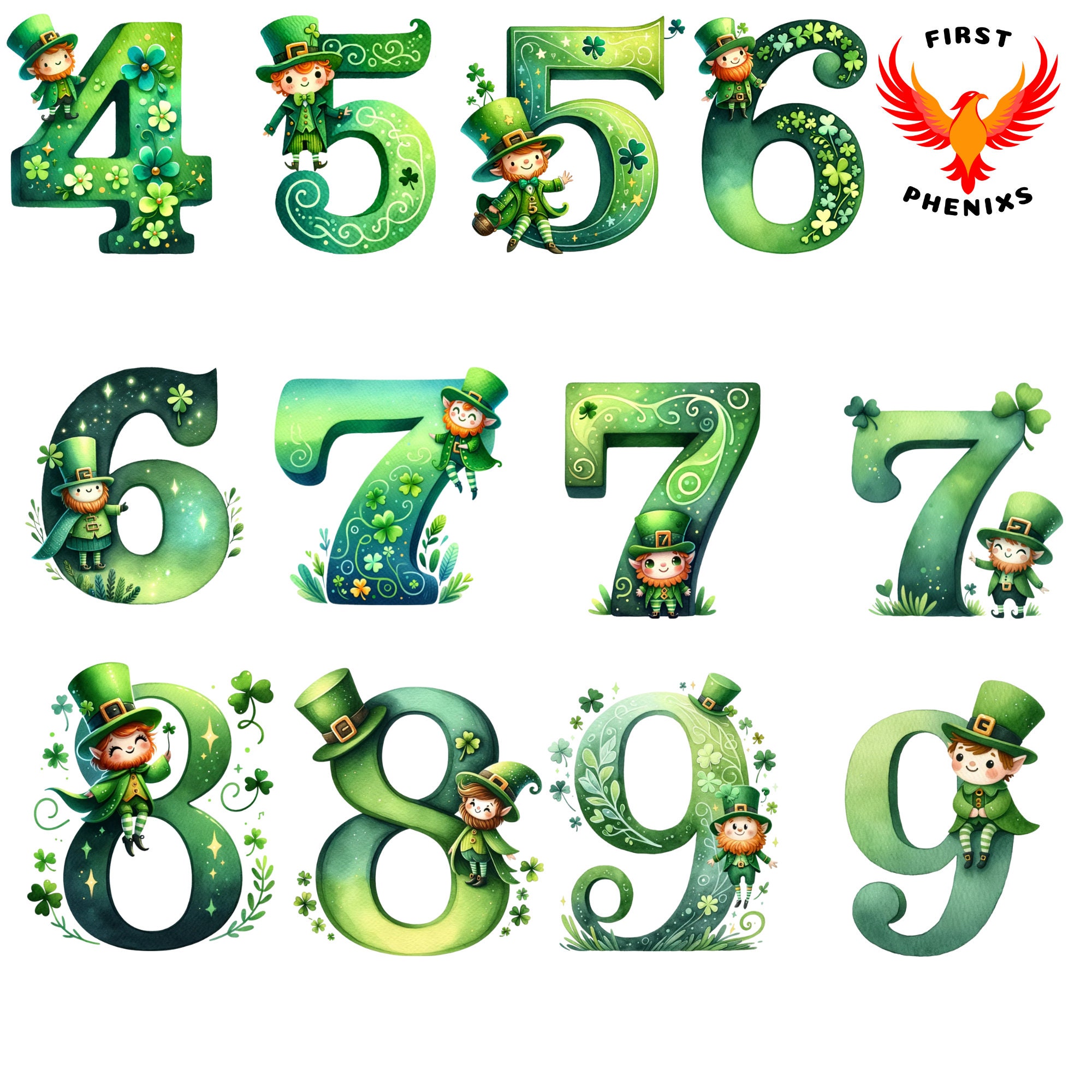 47 Green Watercolor Clipart: Leprechaun Alphabet & Numbers St. Patrick ...