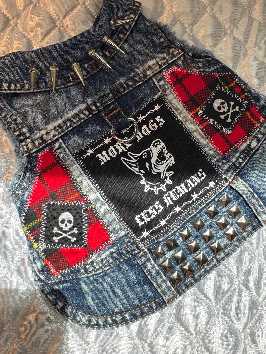Plaid Flannel Dog Vest: "more Dogs Less Humans" Patch, Spiked Battle ...