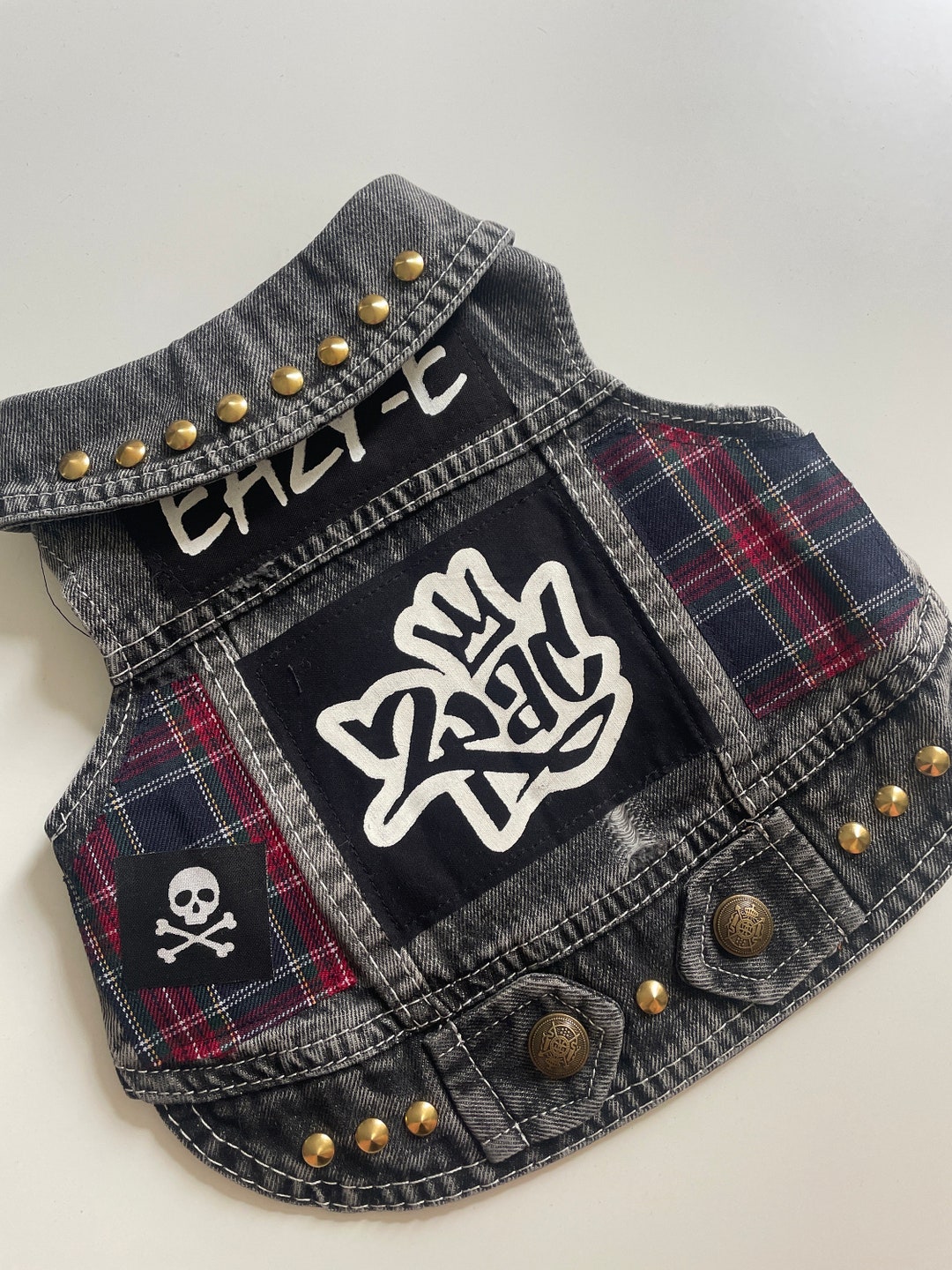 Medium Dog Battle Jacket: Tupac & Eazy E Patches, Red Plaid, Studded - Etsy