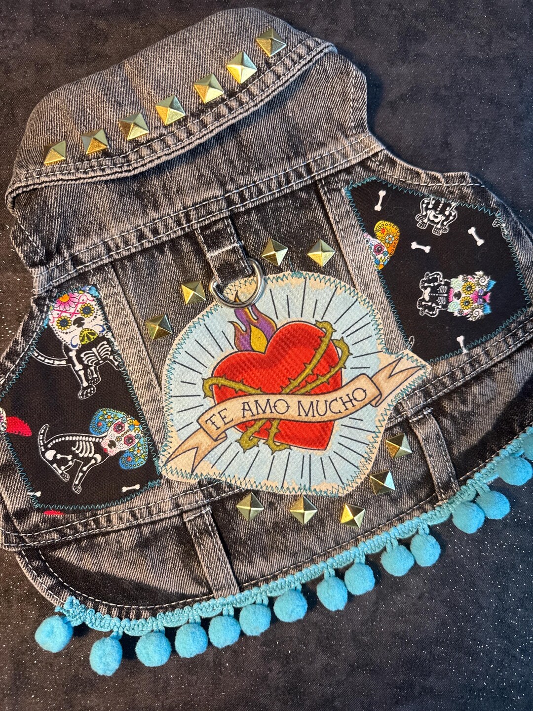 Dia De Los Muertos Dog Vest: "te Amo Mucho" Patch, Blue Pom Pom Fringe ...
