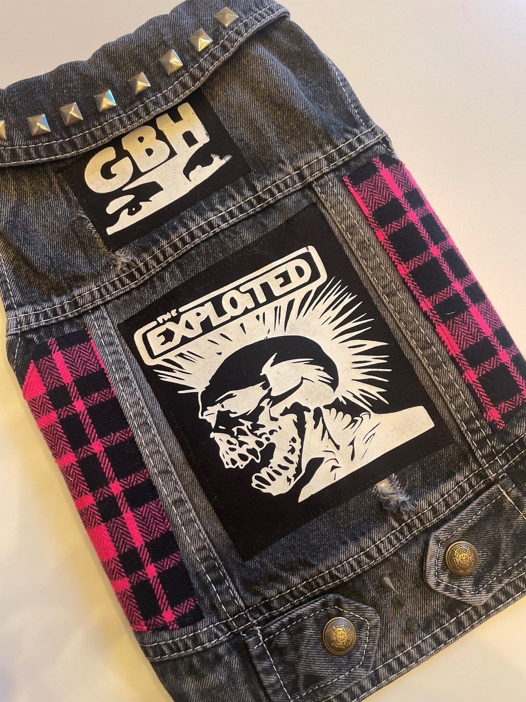 XL Punk Rock Dog Vest: the Exploited & GBH Patches, Pink Plaid - Etsy