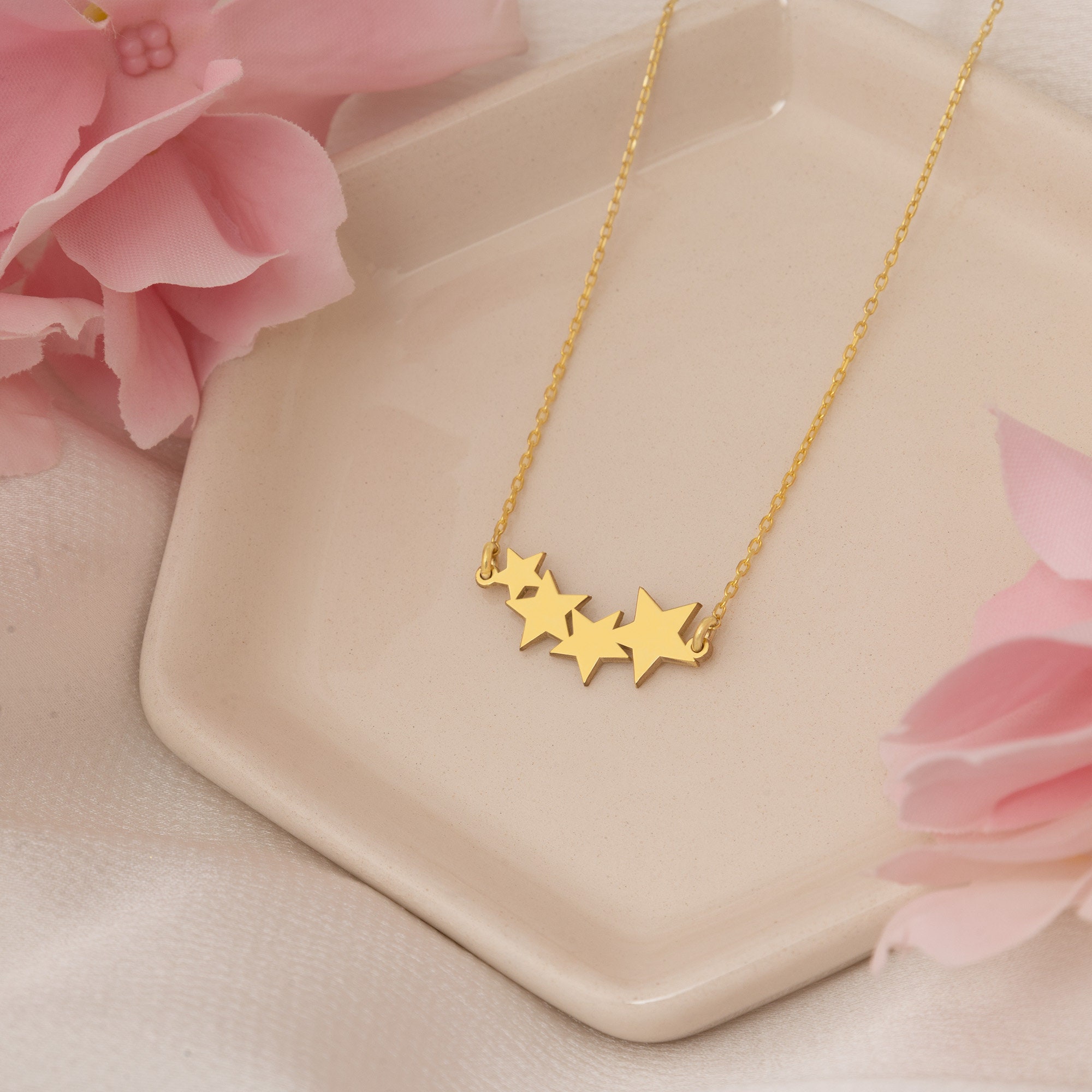 14K Solid Gold Comet Necklace Four Star Real Gold Lucky Charm Good Luck ...