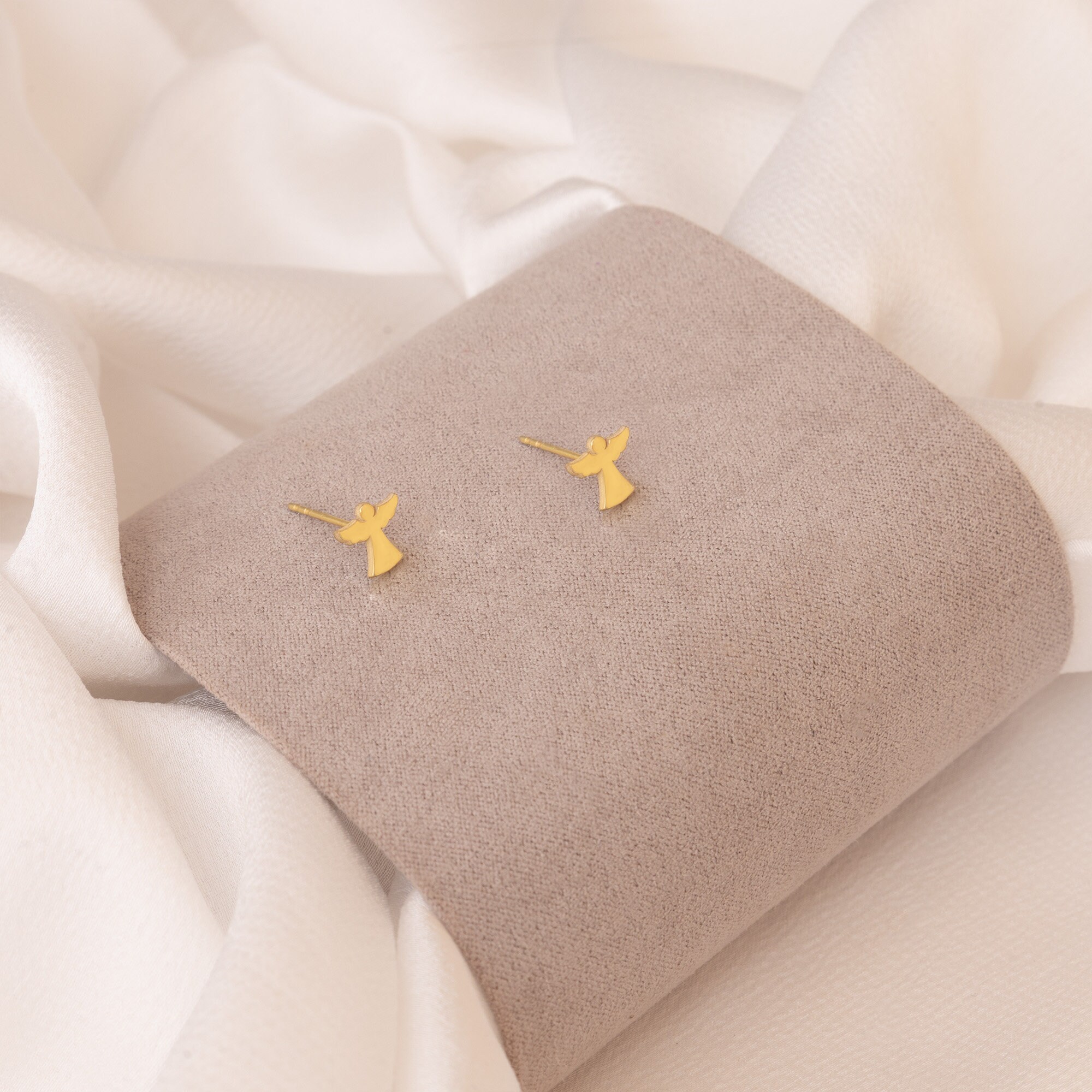 14K Solid Gold Angel and Wings Hoop Earrings Dainty Angel Stud Earring ...