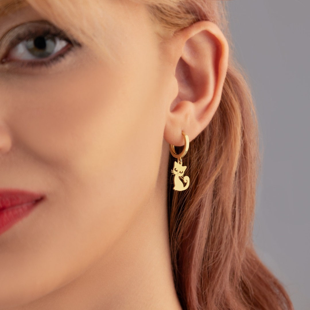 14K Solid Gold Cat Earrings - Cat Lover's Gifts - Best Friend Gifts ...