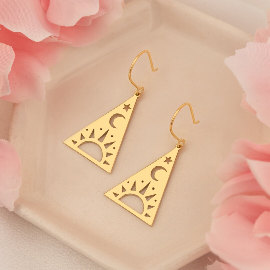 14K Solid Gold Moon Sun Star Earrings Triangle Celestial Earrings Gold Moon Dangle Earrings 14K ...