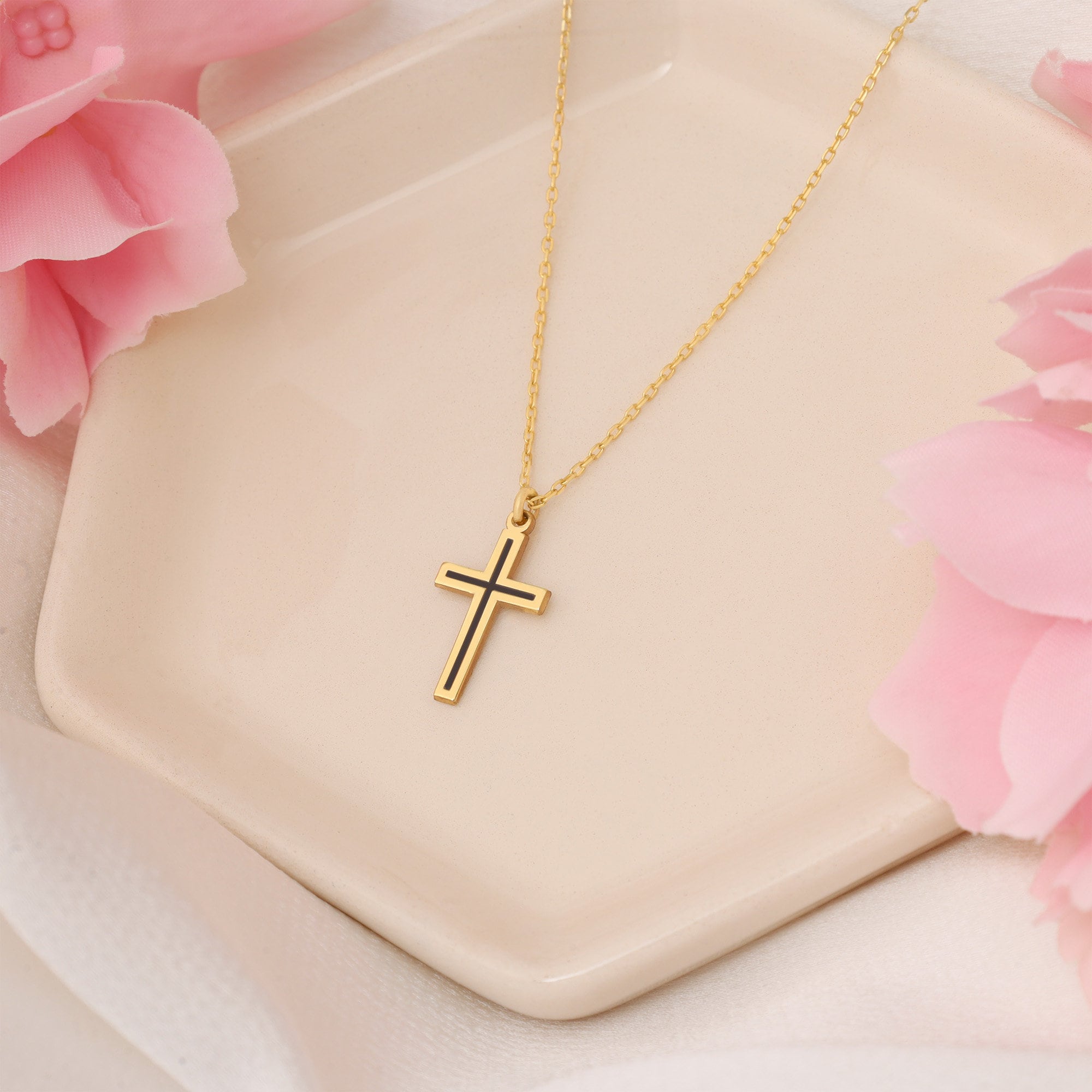 14K Solid Gold Cross Necklace 14K Gold Enamel Cross Necklace Dainty ...