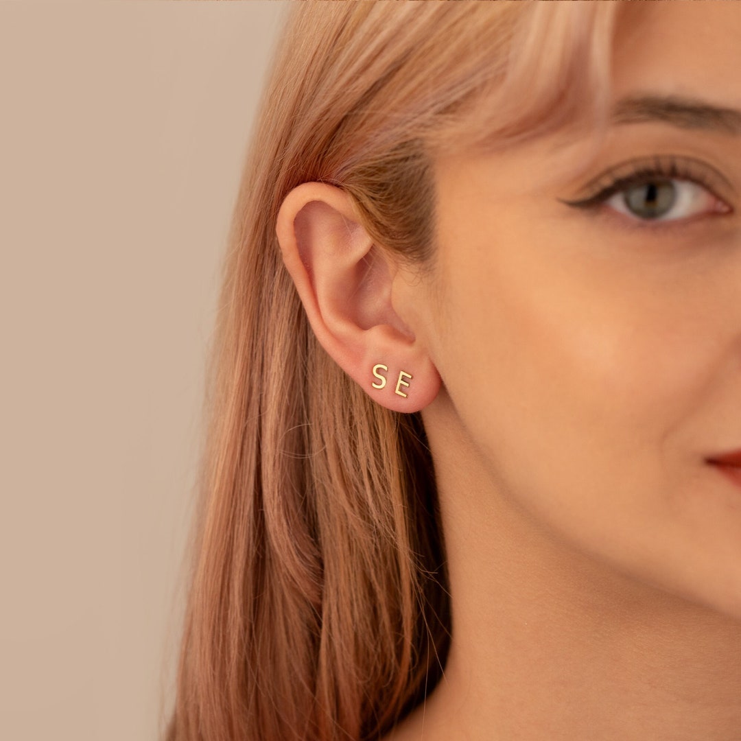 14K Solid Gold Initials Studs Earrings 14K Gold Jewellery Personalised ...