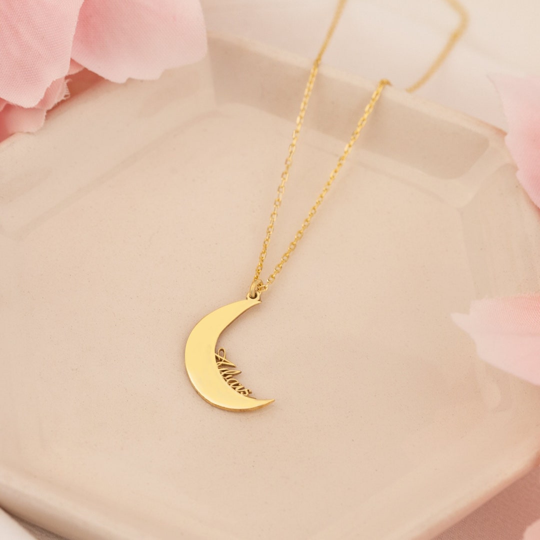 14K Solid Gold Custom Moon Name Necklace - 14K Gold Custom Name ...