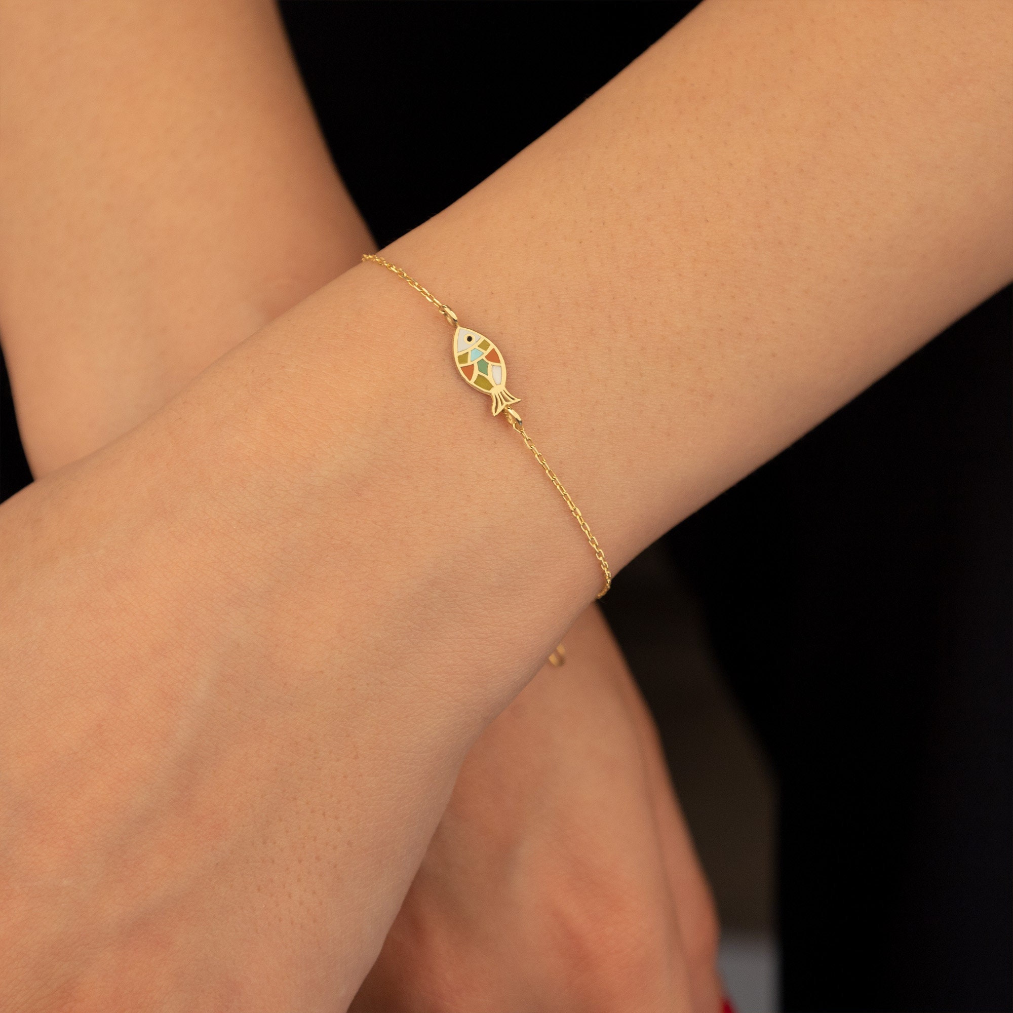 14K Solid Gold Multicolored Fish Bracelet - Real Gold Tiny Fish ...