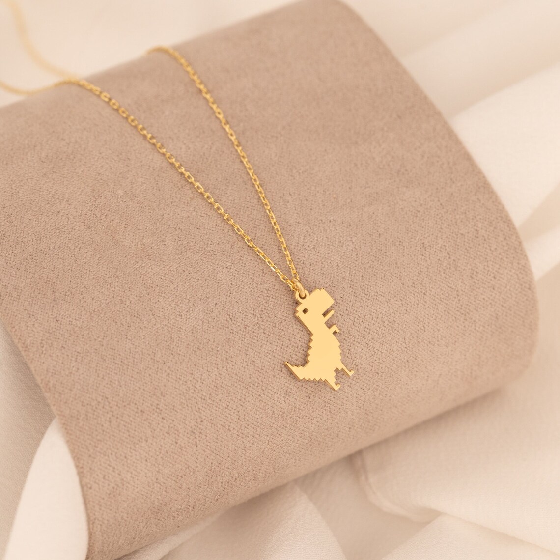 14K Solid Gold Little T-rex Dinosaur Necklace - Real Gold Dino Charm ...