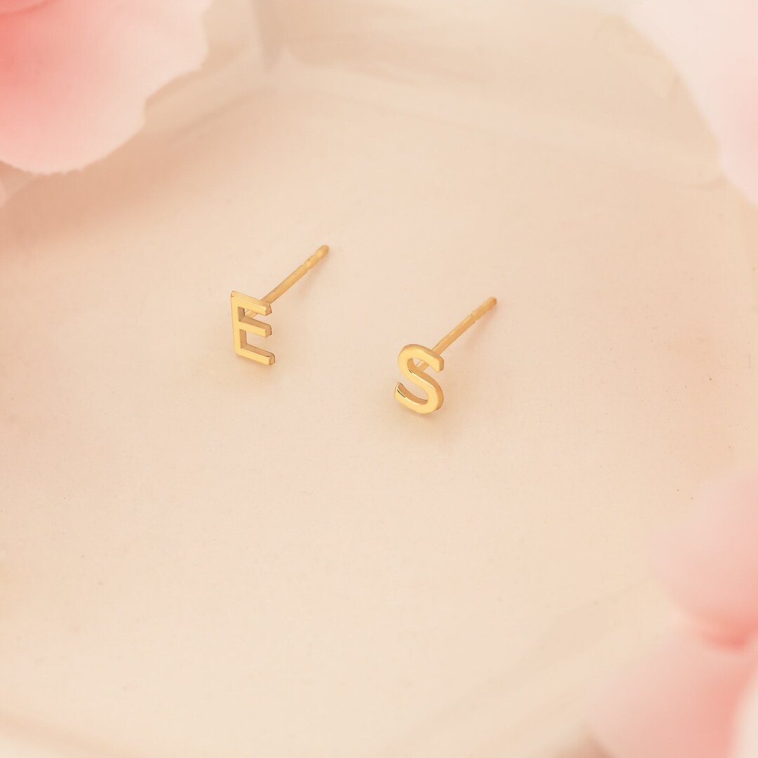 14K Solid Gold Initials Studs Earrings 14K Gold Jewellery Personalised ...