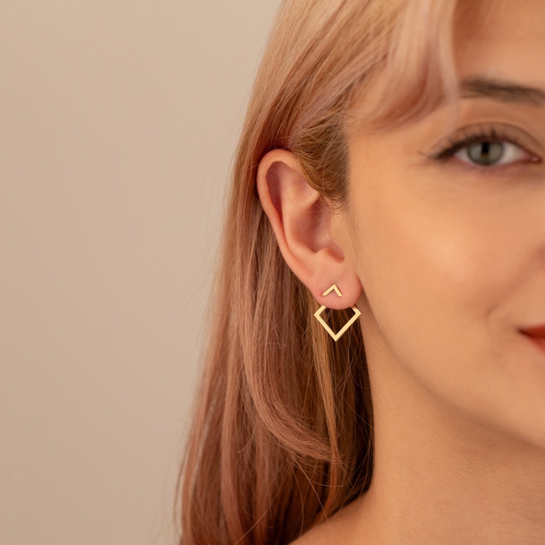 14K Solid Gold Geometric Square Ear Jacket Earrings - Minimalist Square ...