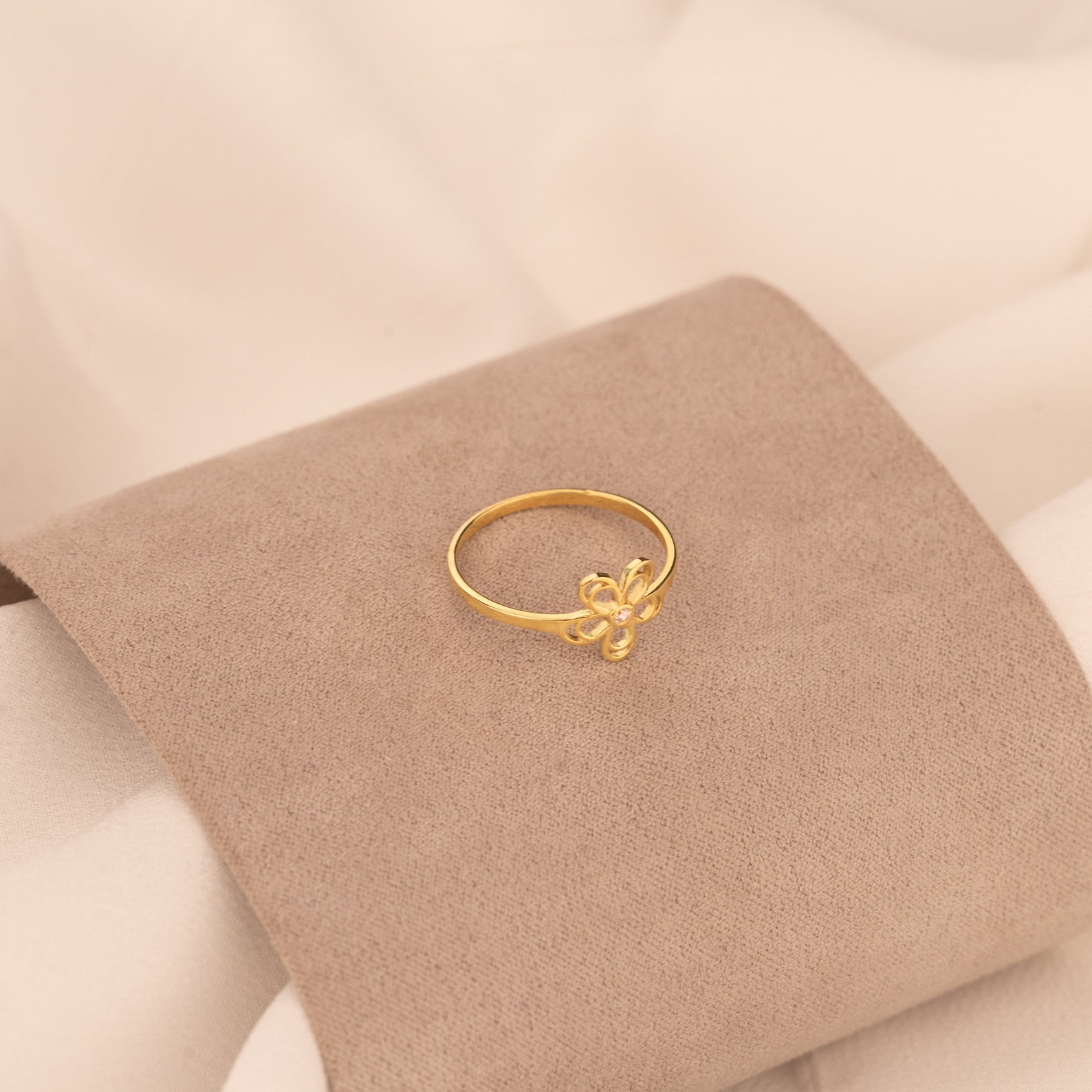 14K Solid Gold Daisy Flower Ring Double Flower Ring With Dainty Cz Stone 14K Gold Jewellery Gold ...