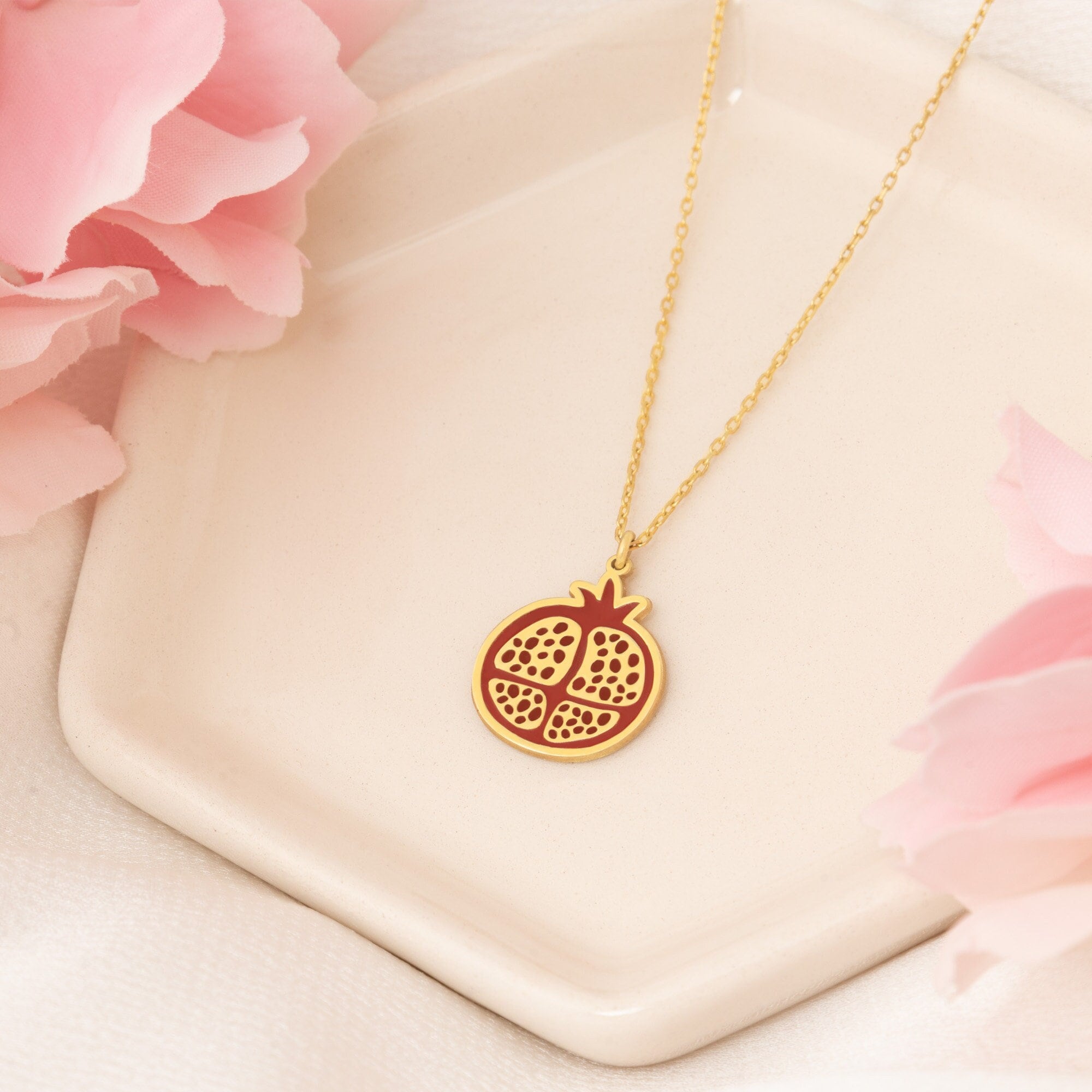 14K Solid Gold Pomegranate Necklace - Real Gold Enamel Pomegranate ...