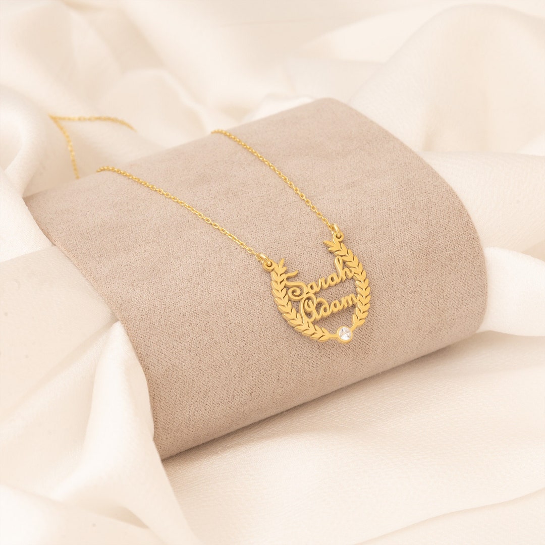 14K Solid Gold Laurel Wreath Names Necklaces - 14K Gold Names - Double ...